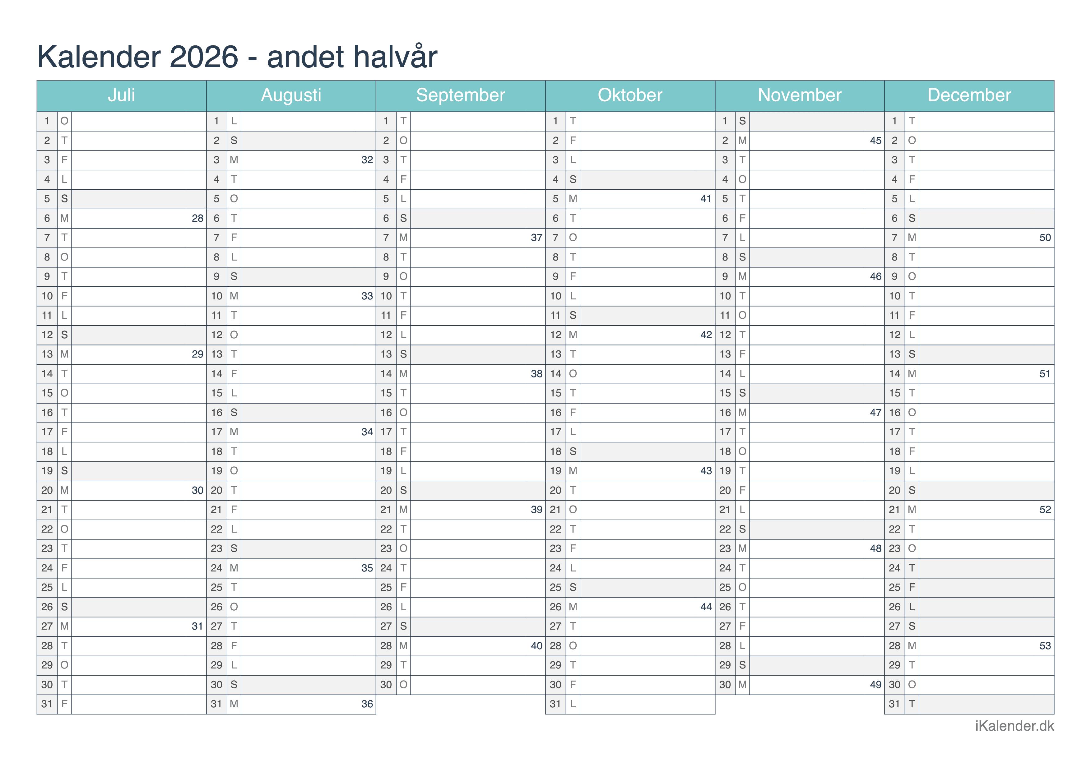 Kalender 2026 Til Print PDF Eller Excel